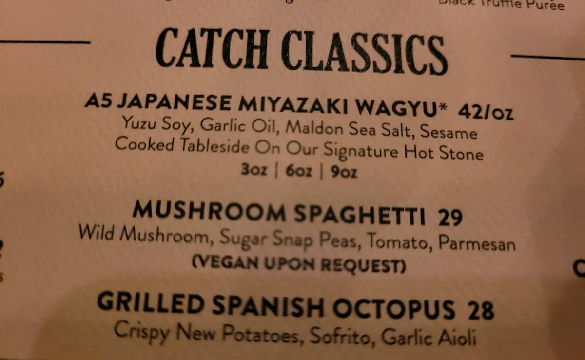 Menu at CATCH restaurant, Las Vegas