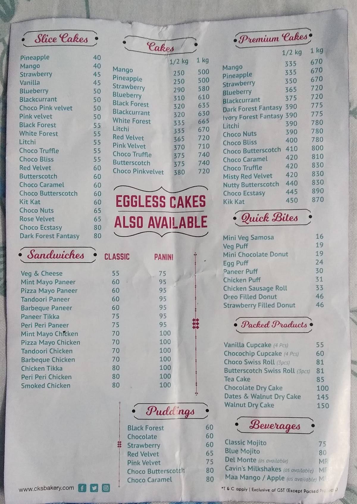 Menu at CK's BAKERY, Chennai, No.167