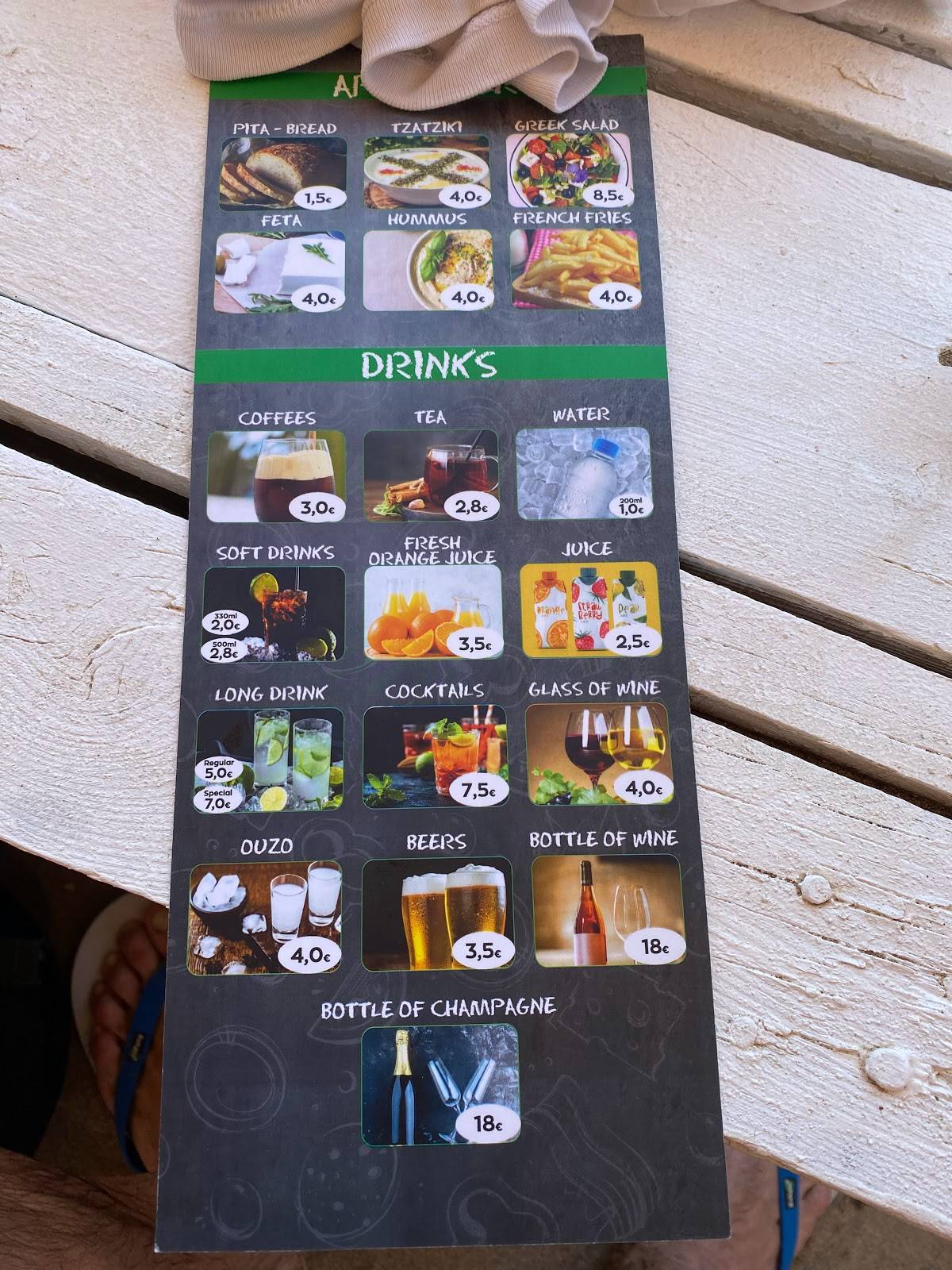 Menu at Cabana beach bar, Stegna
