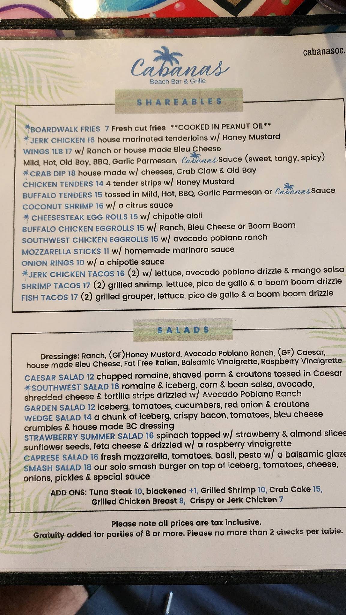 Menu at Cabanas Beach Bar & Grille, Ocean City