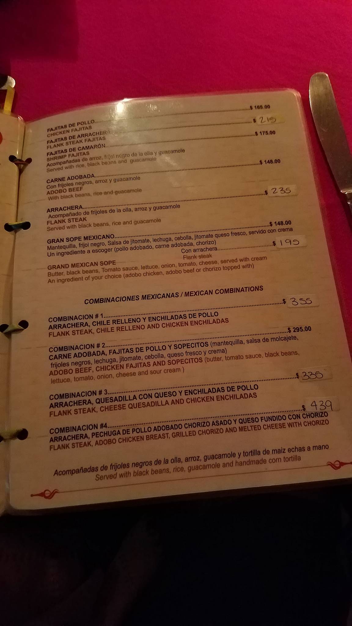 Menu at Maria Jimenez Restaurante Mexicano, Cabo San Lucas