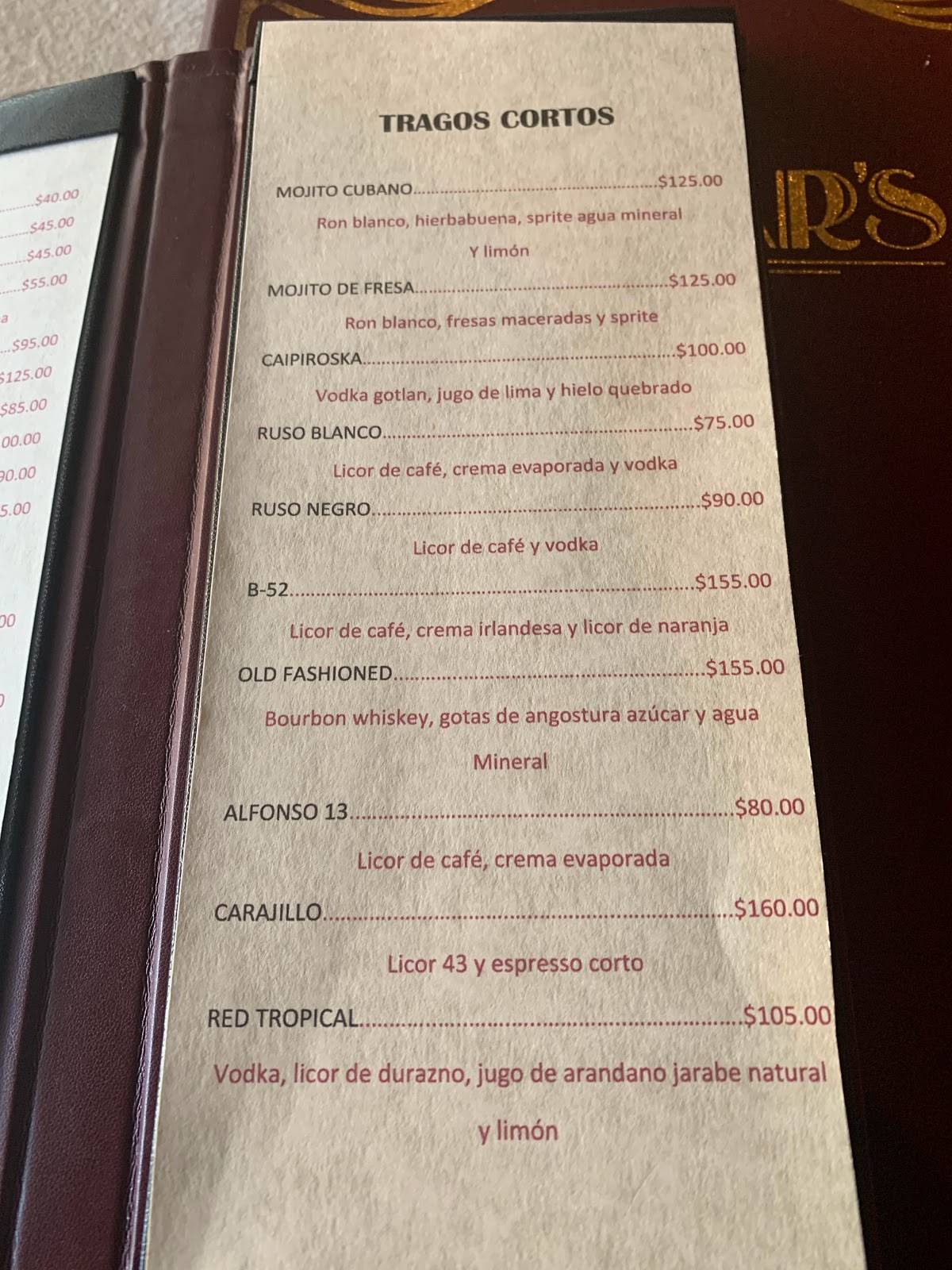 Menu at Caesar's pub & bar, Tijuana, Av. Revolución 8190