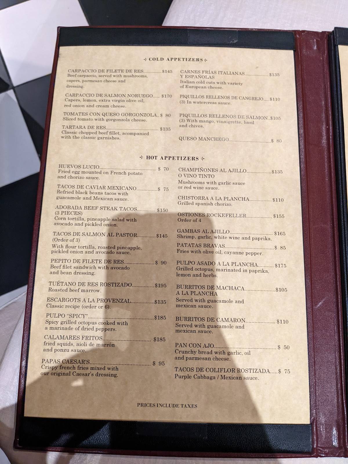 Menu at Caesar's pub & bar, Tijuana, Av. Revolución 8190