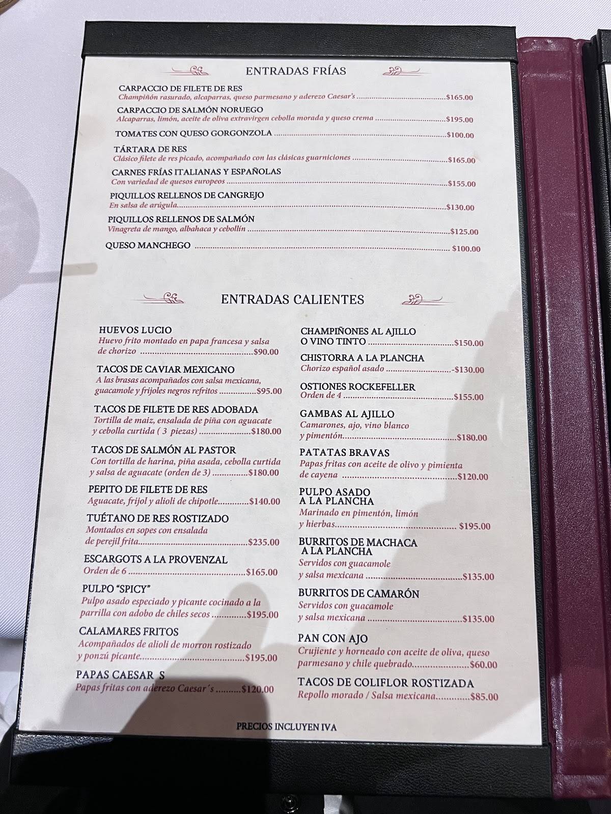 Menu at Caesar's pub & bar, Tijuana, Av. Revolución 8190