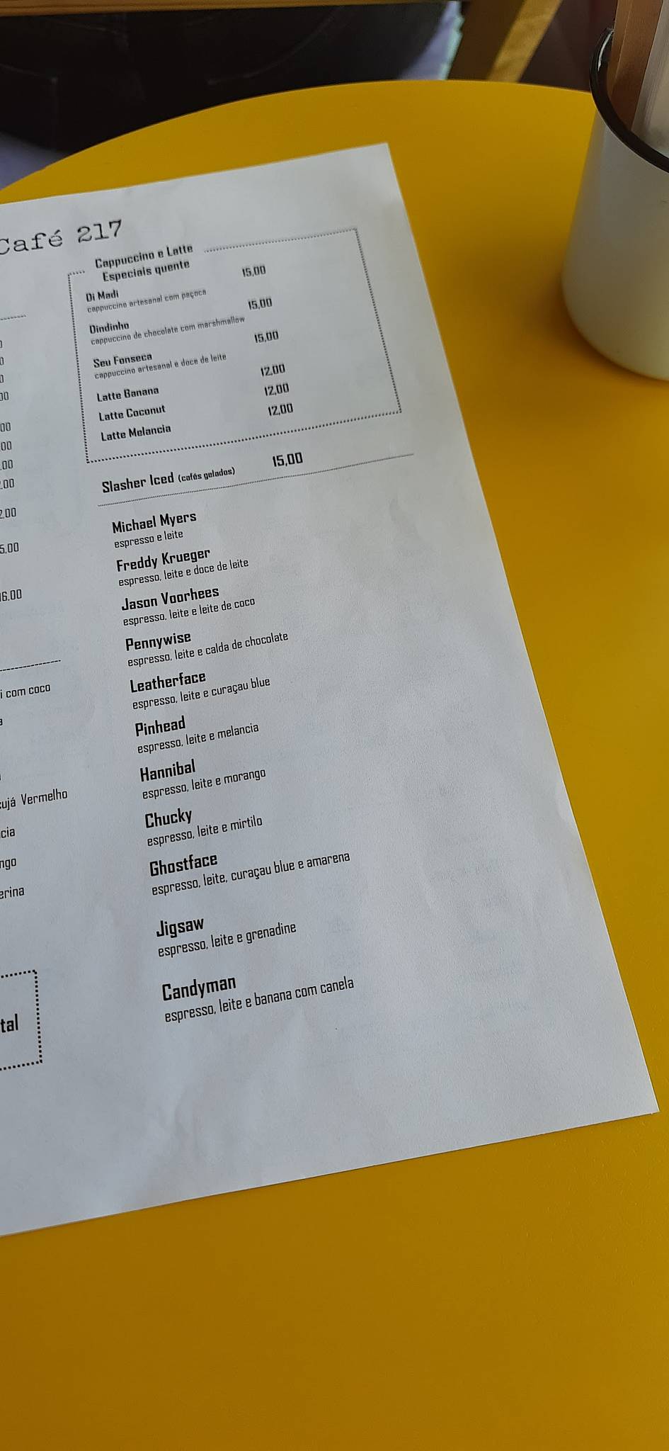 Menu at Café 217, Curitiba