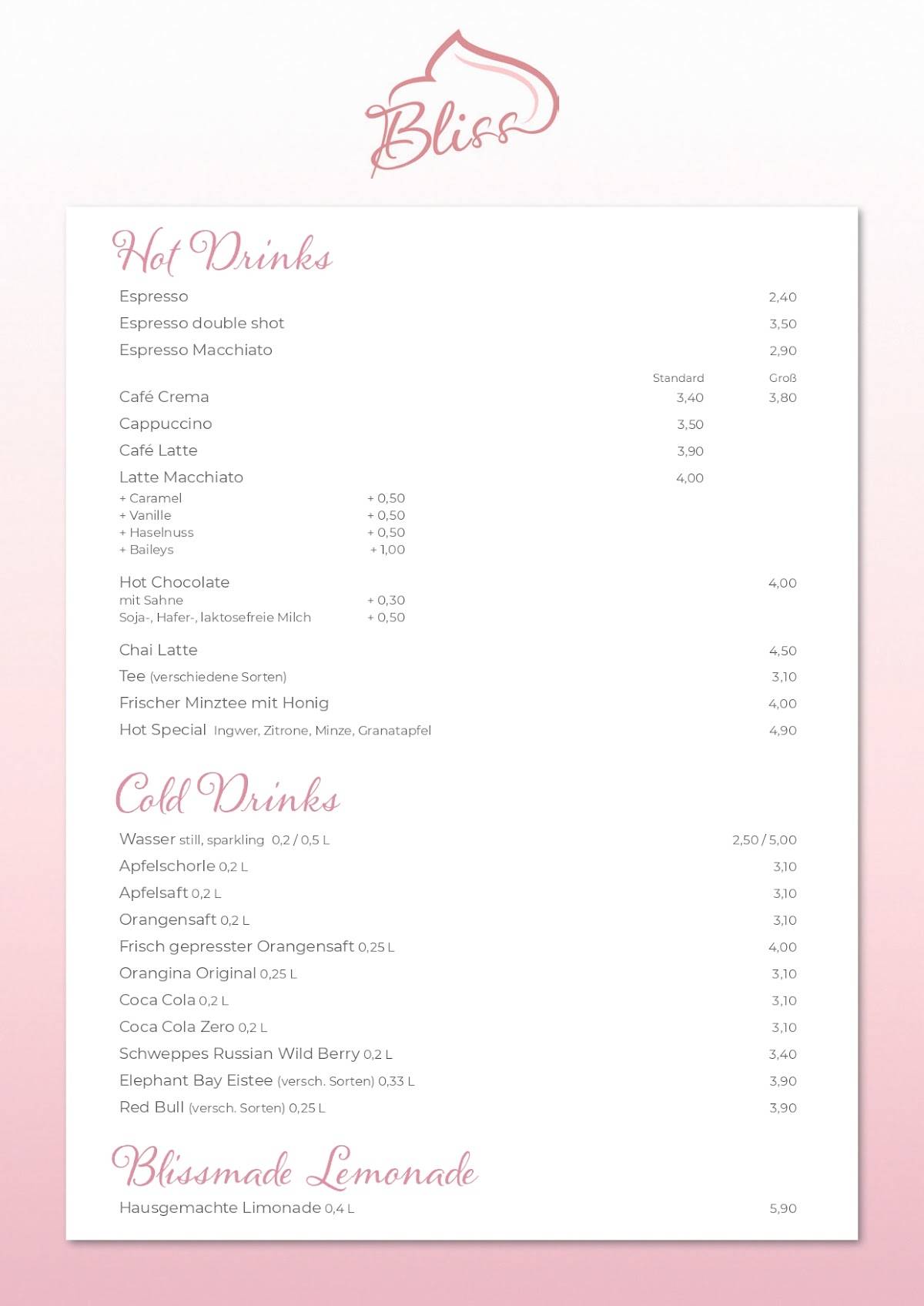 Speisekarte von Café Bliss cafe, Wiesbaden