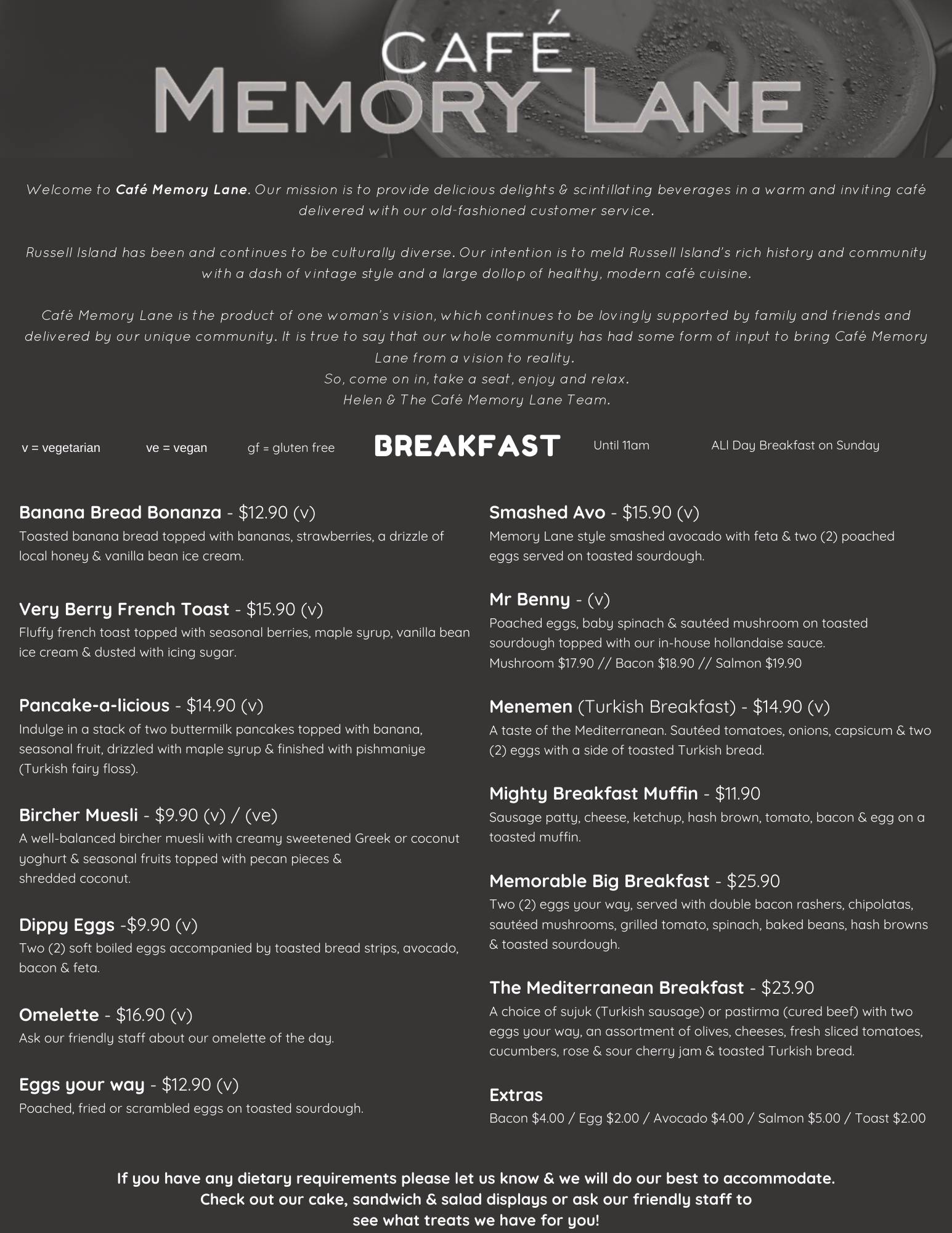 Menu at Cafe Memory Lane, Russell Island
