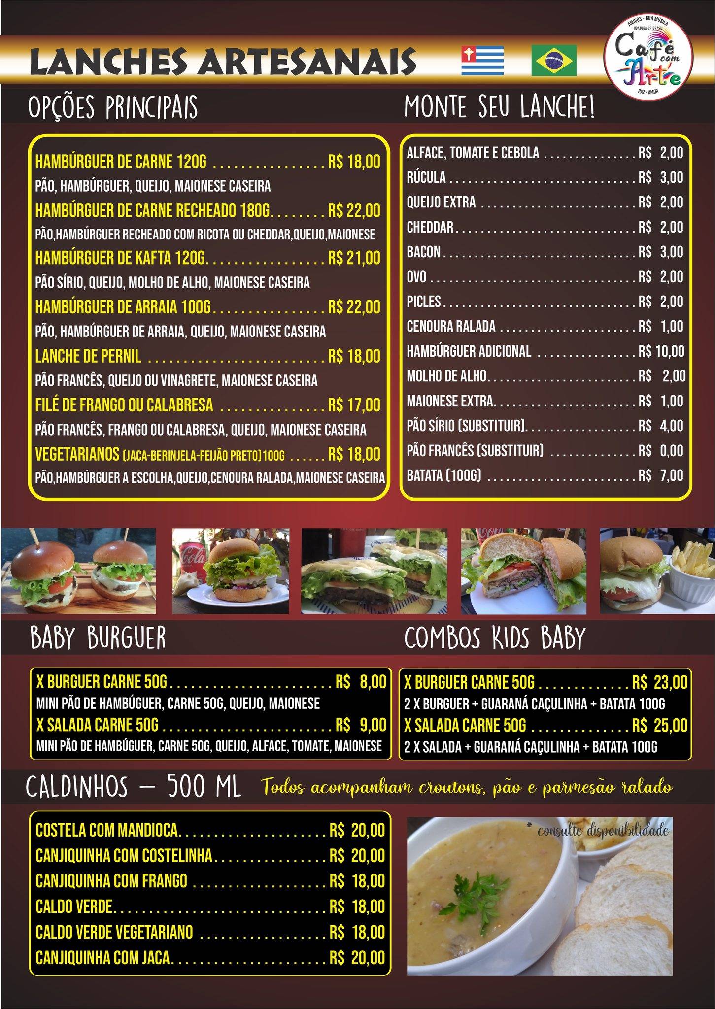 Menu em Café com Arte, Ubatuba