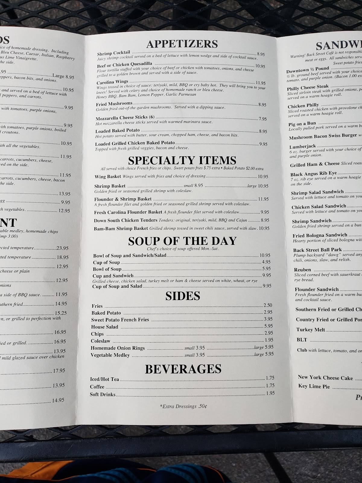 Menu at Back Street Cafe, Loris
