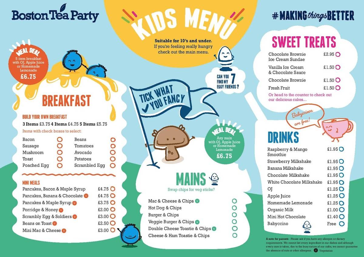 Menu at Boston Tea Party cafe, Exeter