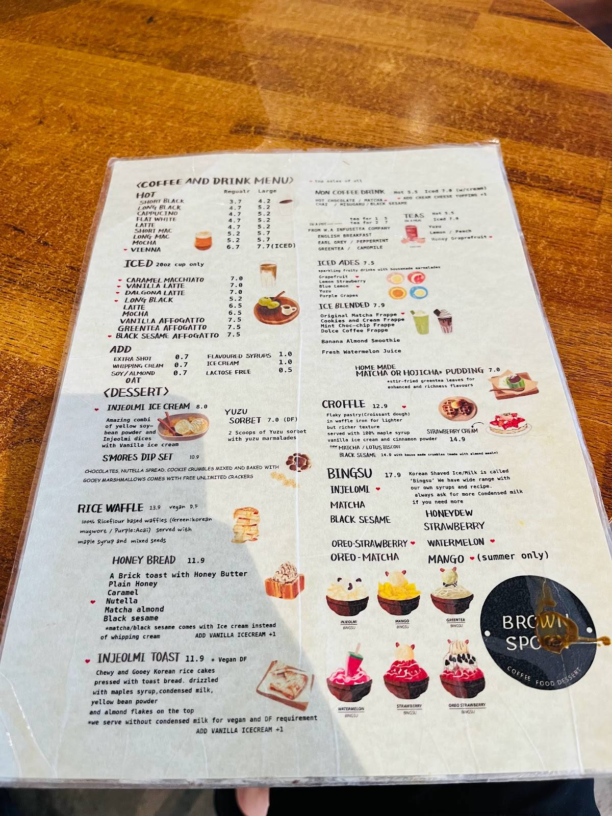 Menu at Brown Spoon Victoria Park cafe, Victoria Park