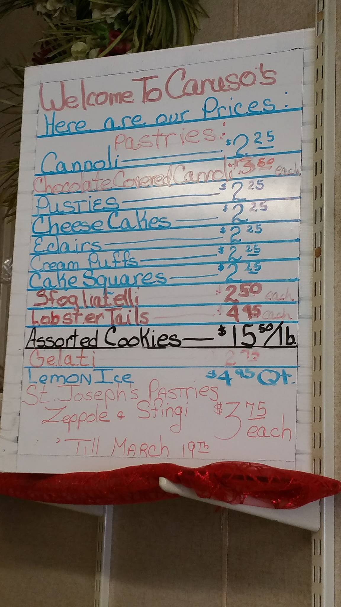 Menu at Caruso's Pastry Shop cafe, Utica