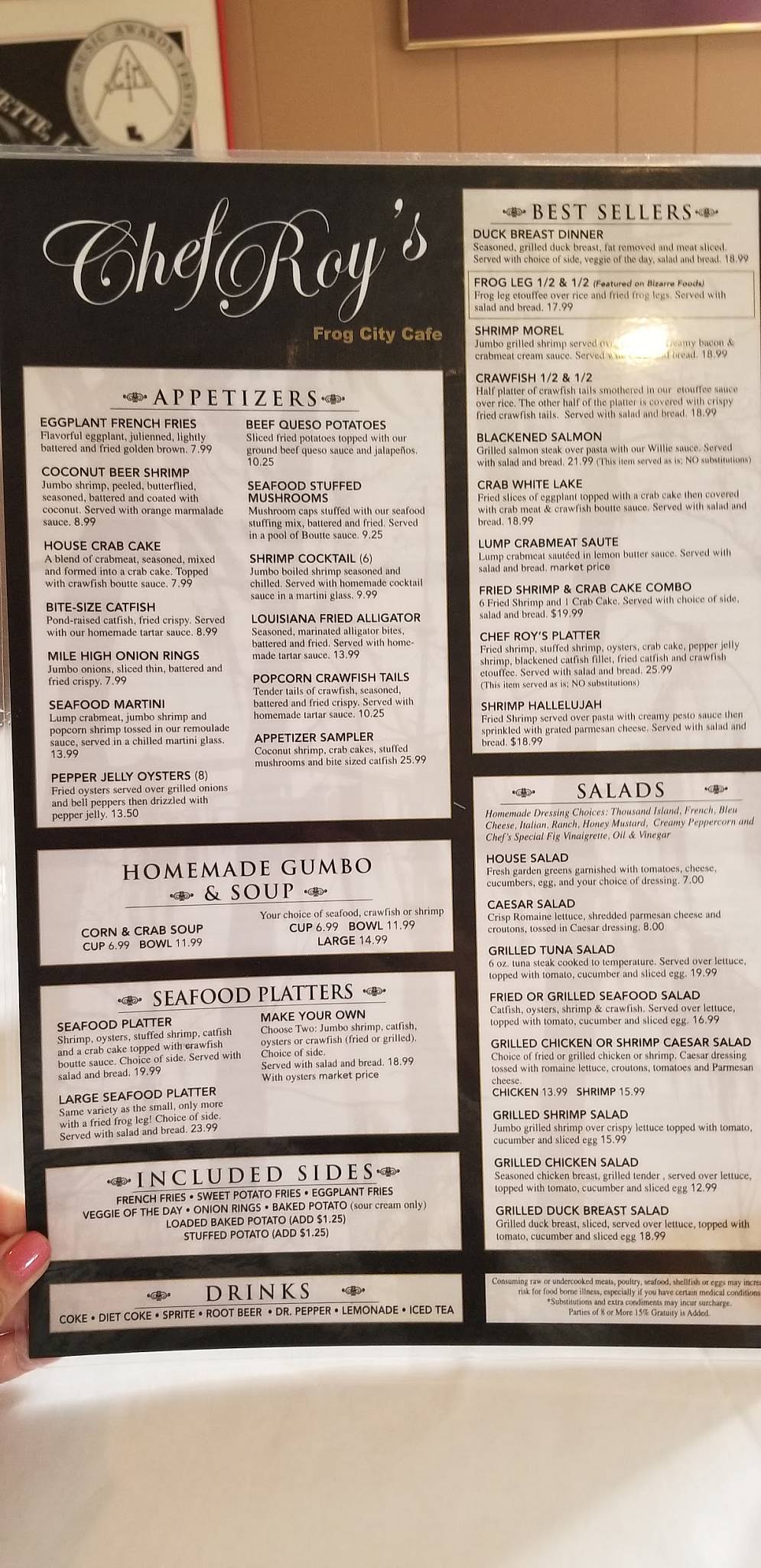 Menu at Chef Roy's Frog City Cafe, Rayne