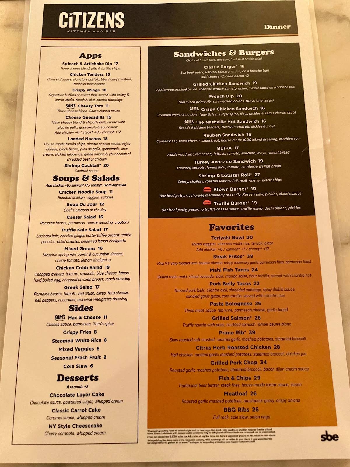 Menu at Citizens Kitchen & Bar, Las Vegas