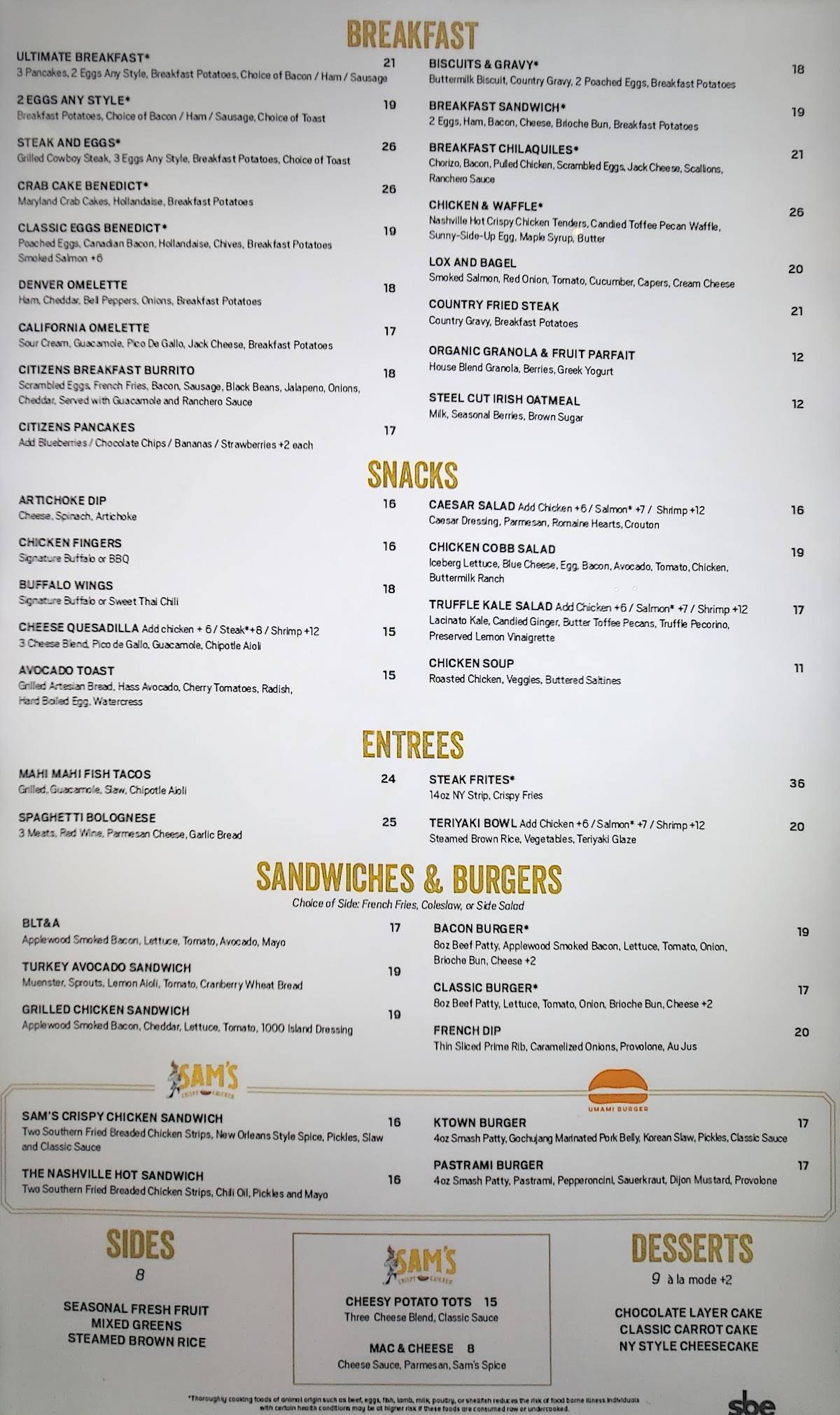 Menu at Citizens Kitchen & Bar, Las Vegas