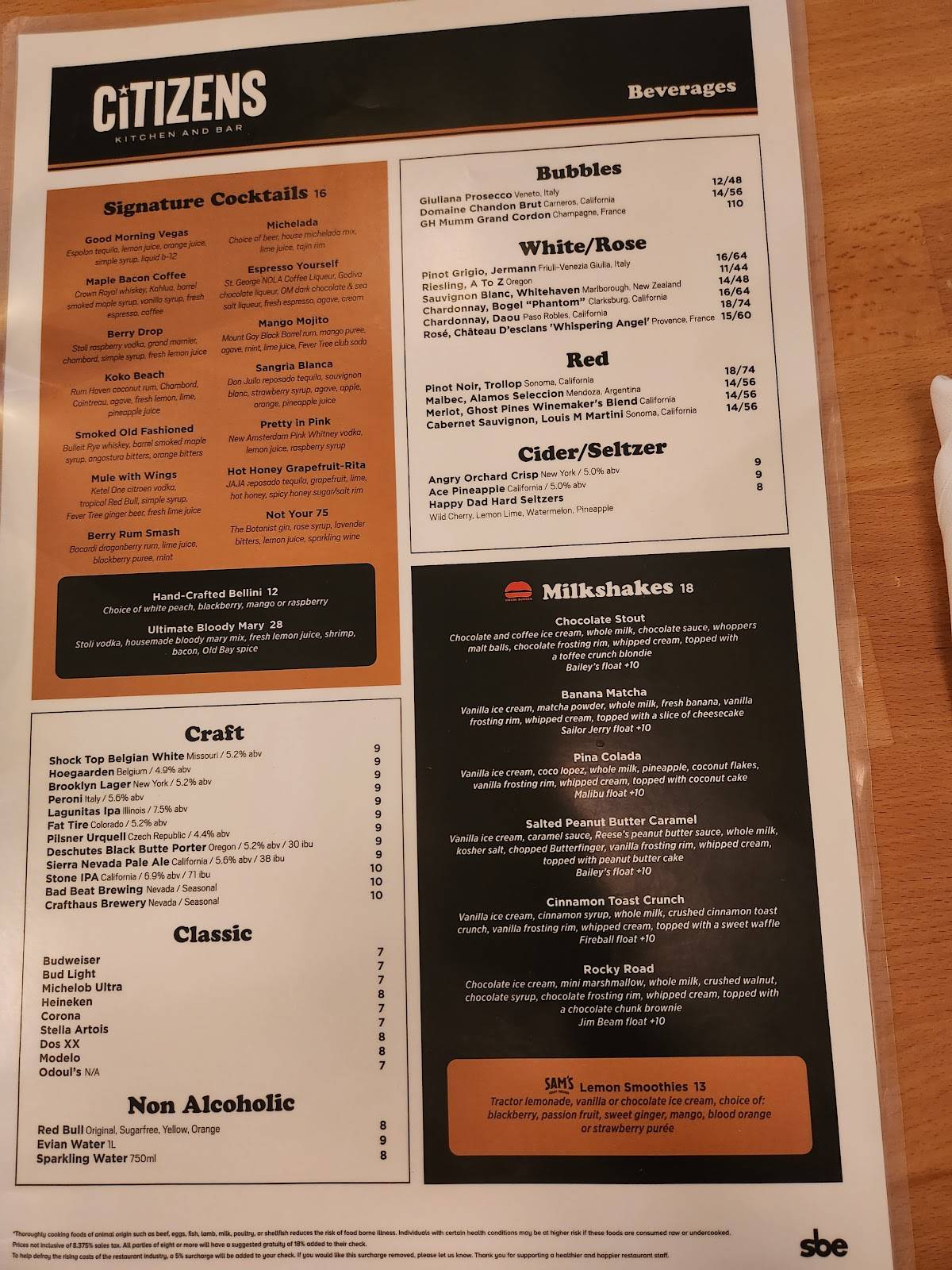 Menu at Citizens Kitchen & Bar, Las Vegas