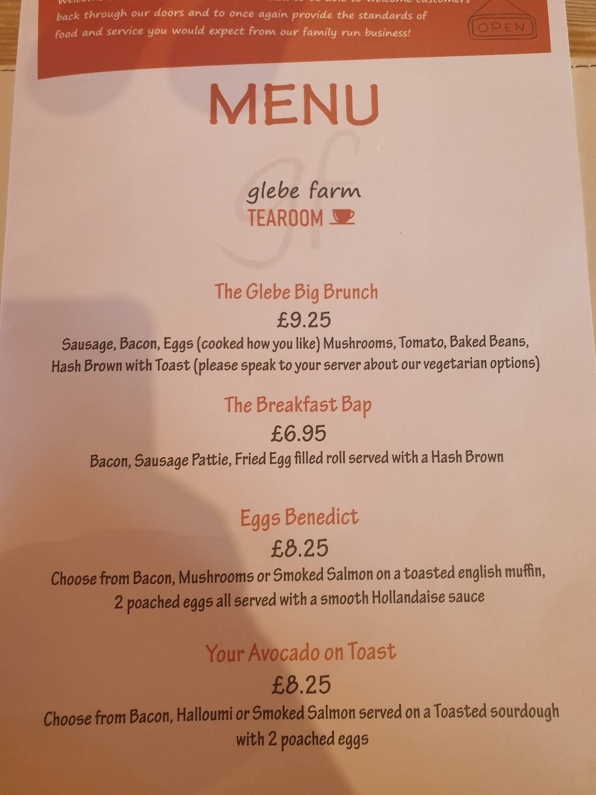 Menu at Glebe Farm Shop & Tea Room cafe, Kettering