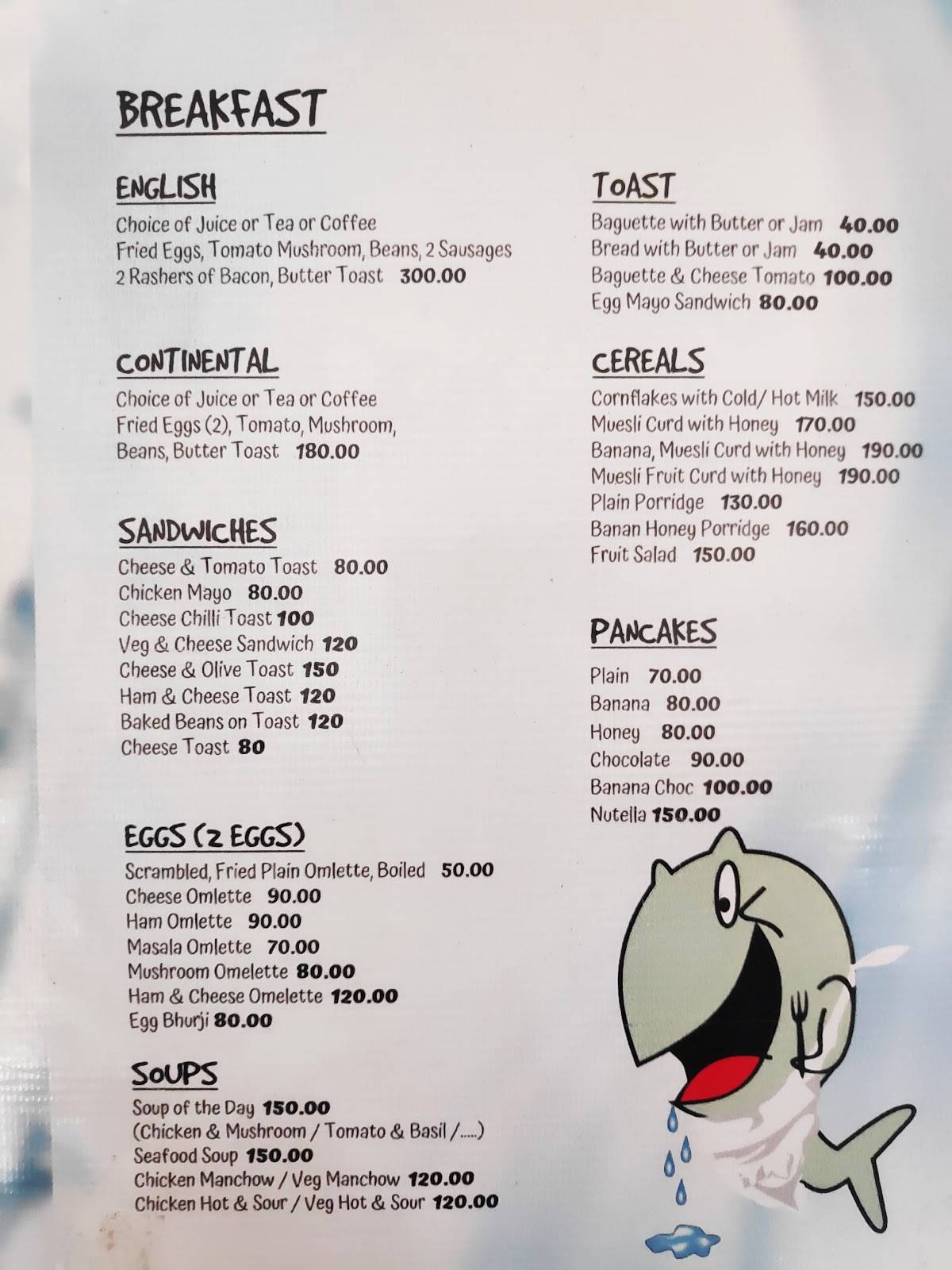 Menu at Jaws Restaurant and Bakery, Vagator, HPXQ+VXH