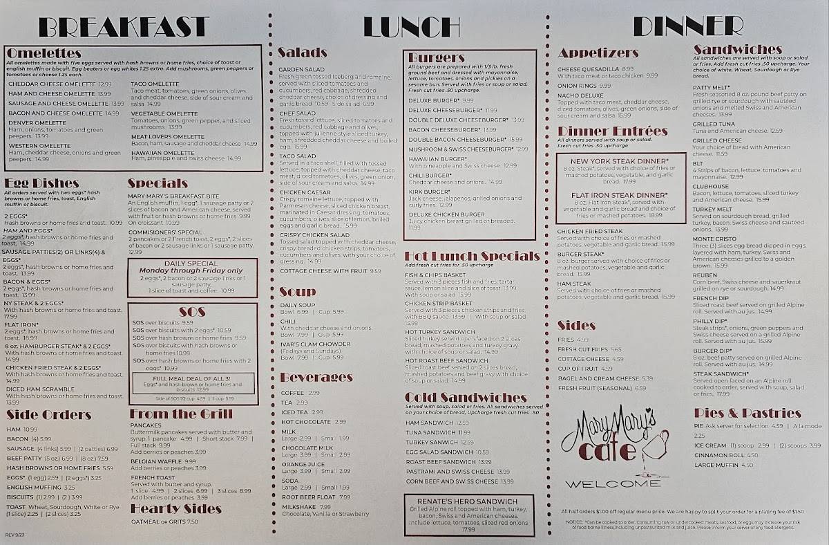 Menu at Mary Mary's Cafe, Spanaway