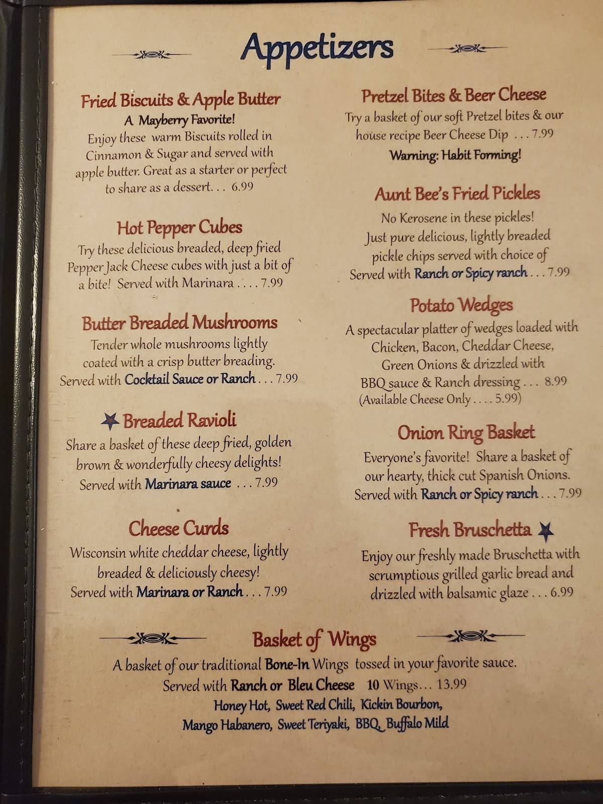 Menu at Mayberry Cafe, Danville