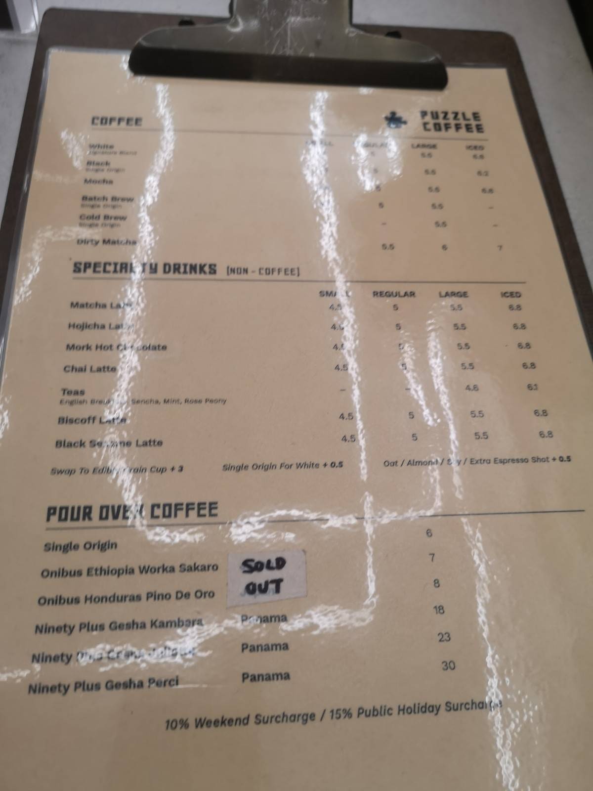 Menu at Puzzle Coffee cafe, Melbourne