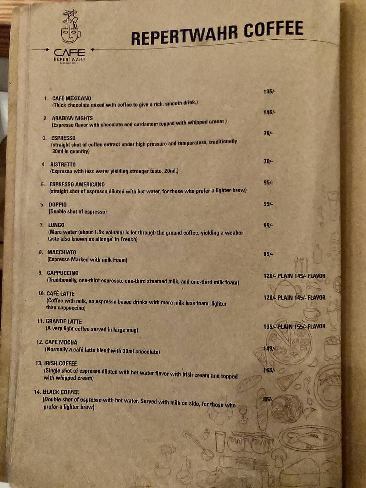 Menu at Cafe Repertwahr, Lucknow