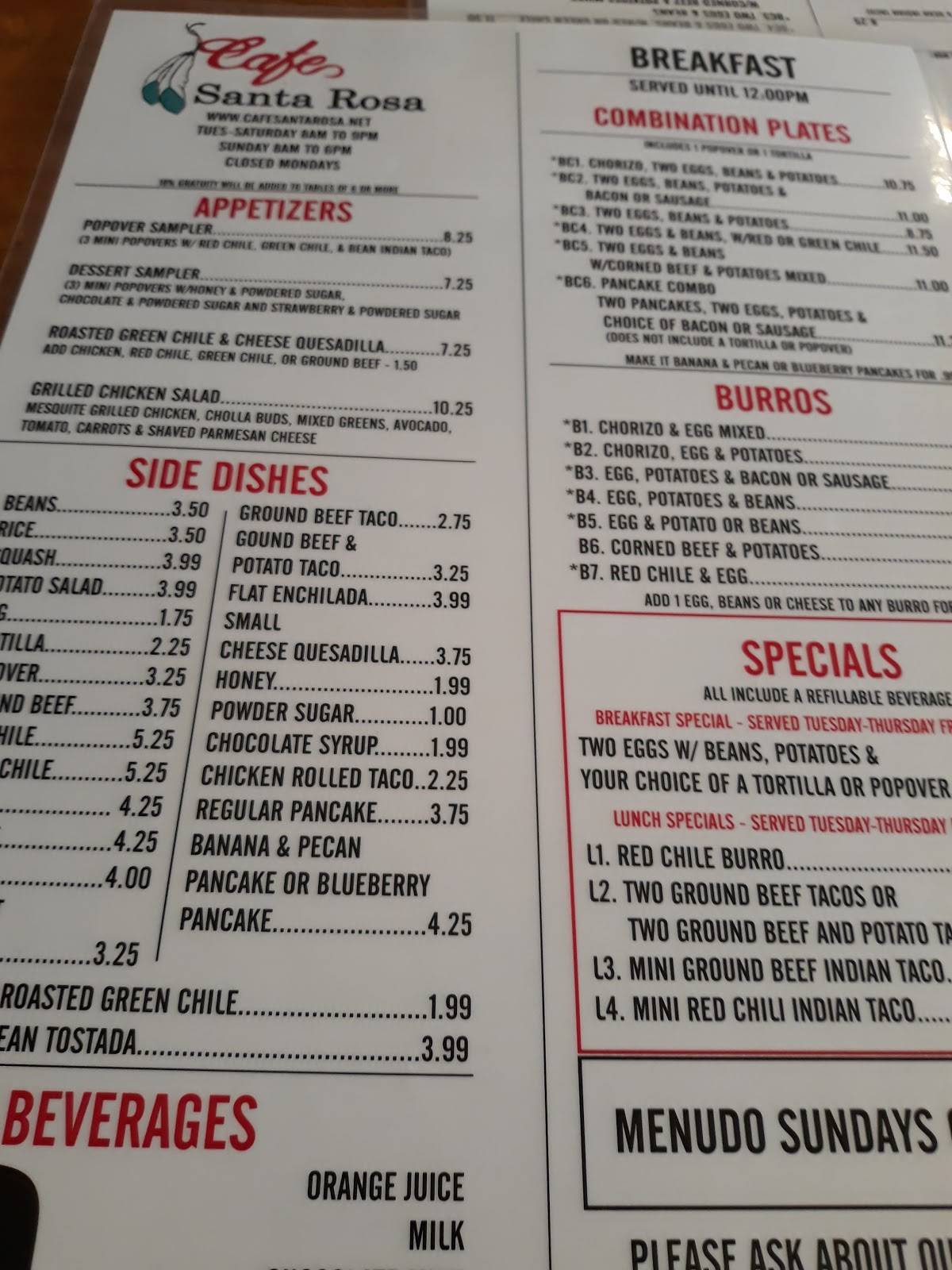 Menu at Cafe Santa Rosa, Tucson, S 6th Ave