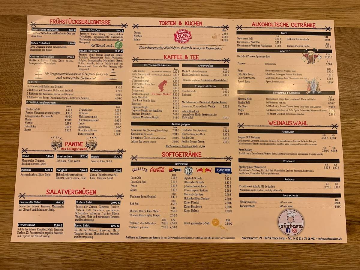 Menu au Cafe Sisters, Mindelheim, Maximilianstraße 24