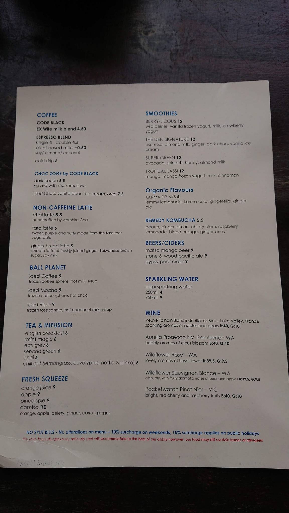 Menu at The Glass Den cafe, Coburg