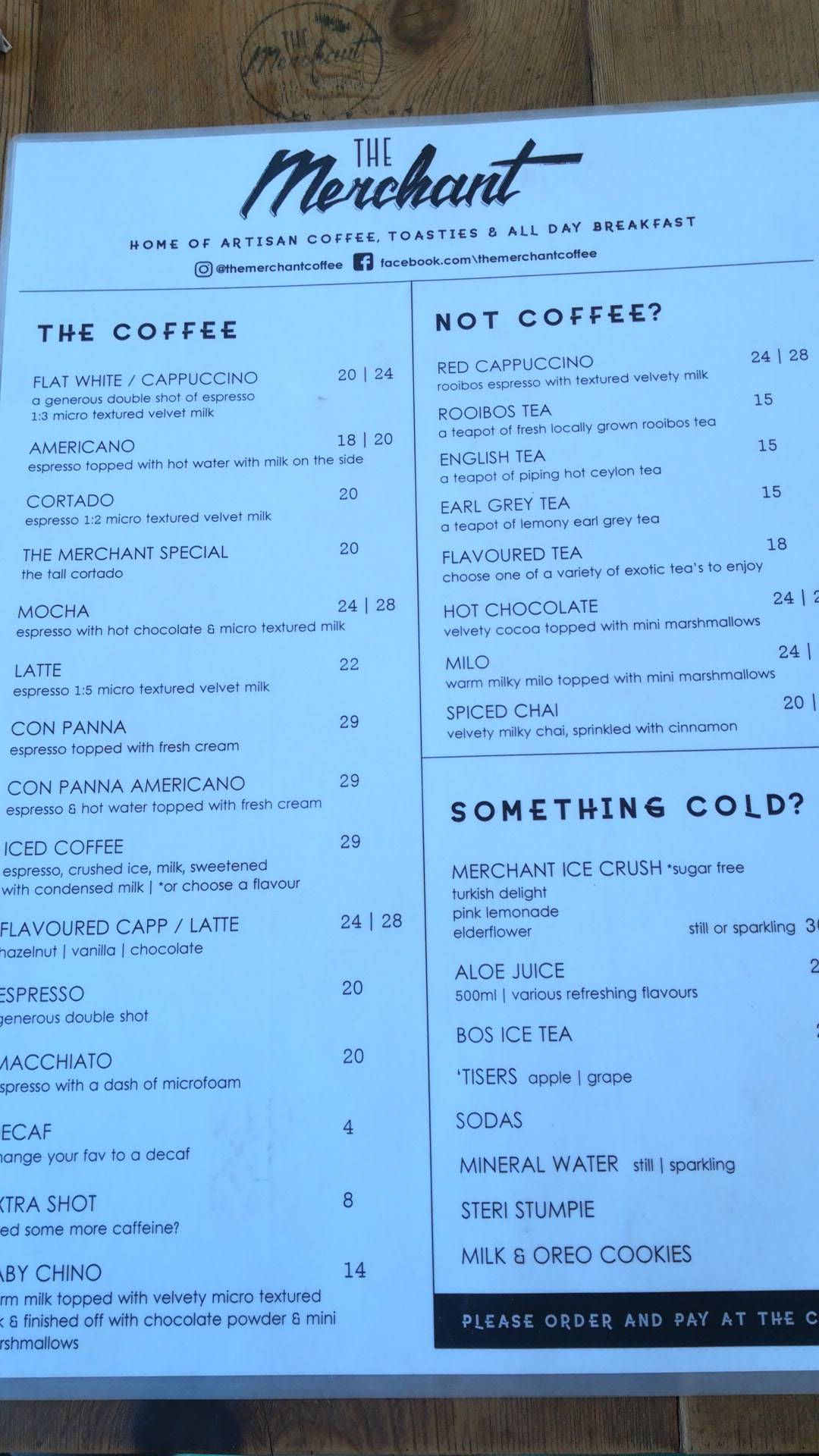 Menu at The Merchant Coffee (Town) cafe, Mossel Bay