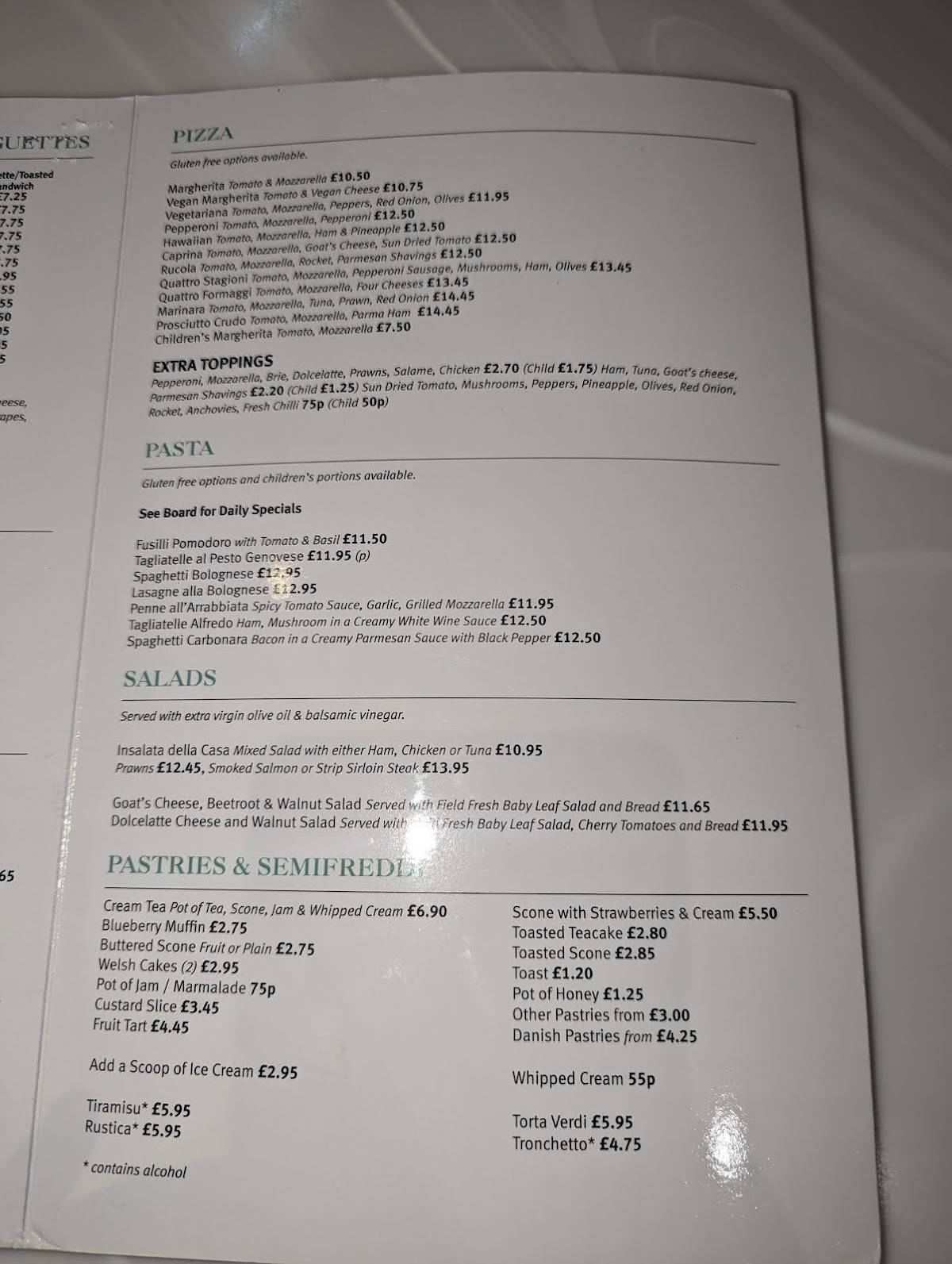 Menu at Verdi's cafe, The Mumbles