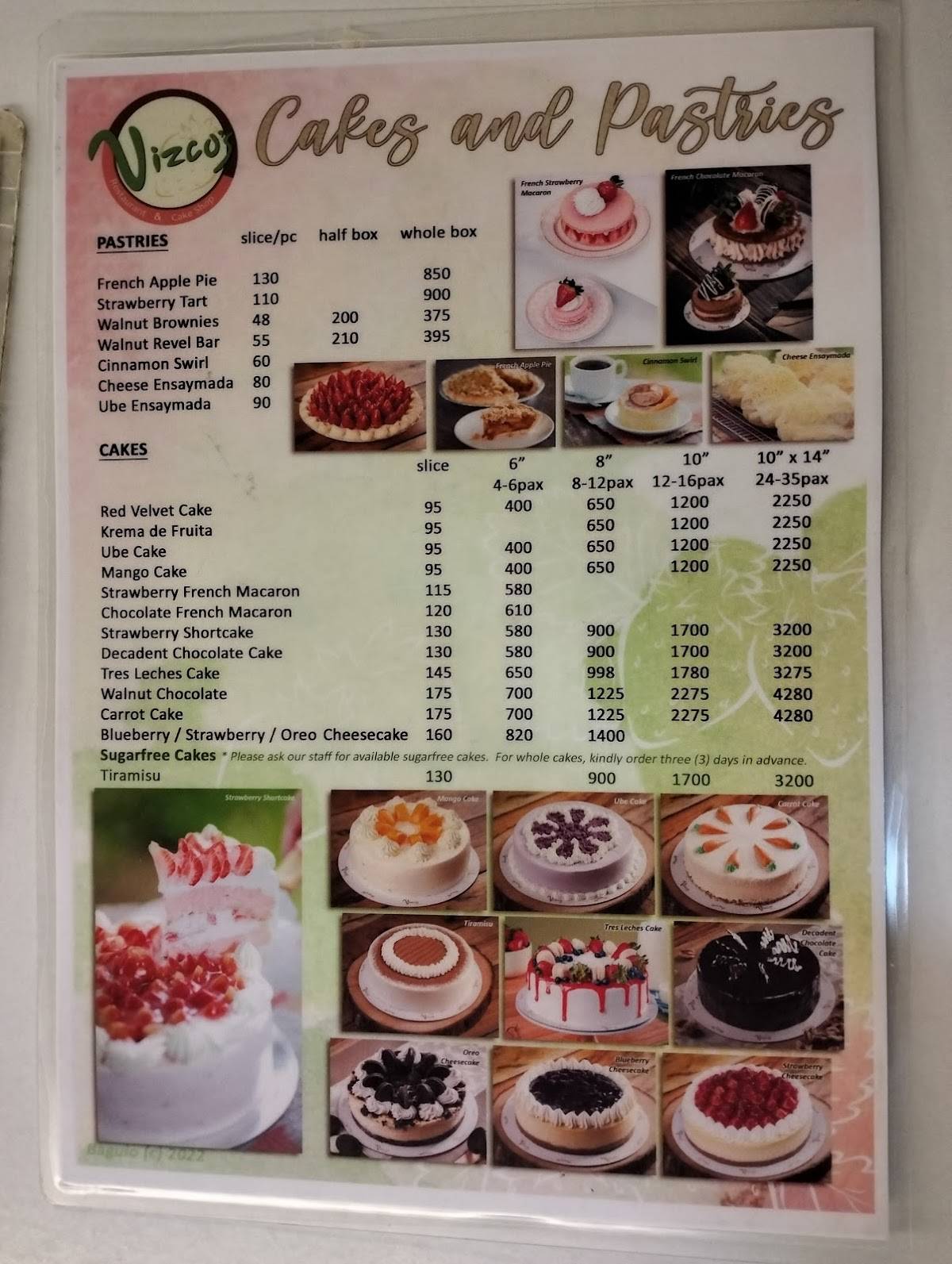 Menu at Vizco's Restaurant & Cake Shop, Baguio