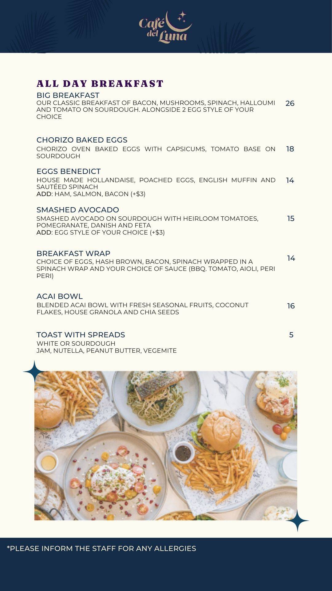 Menu at Cafe del Luna, Bonnyrigg