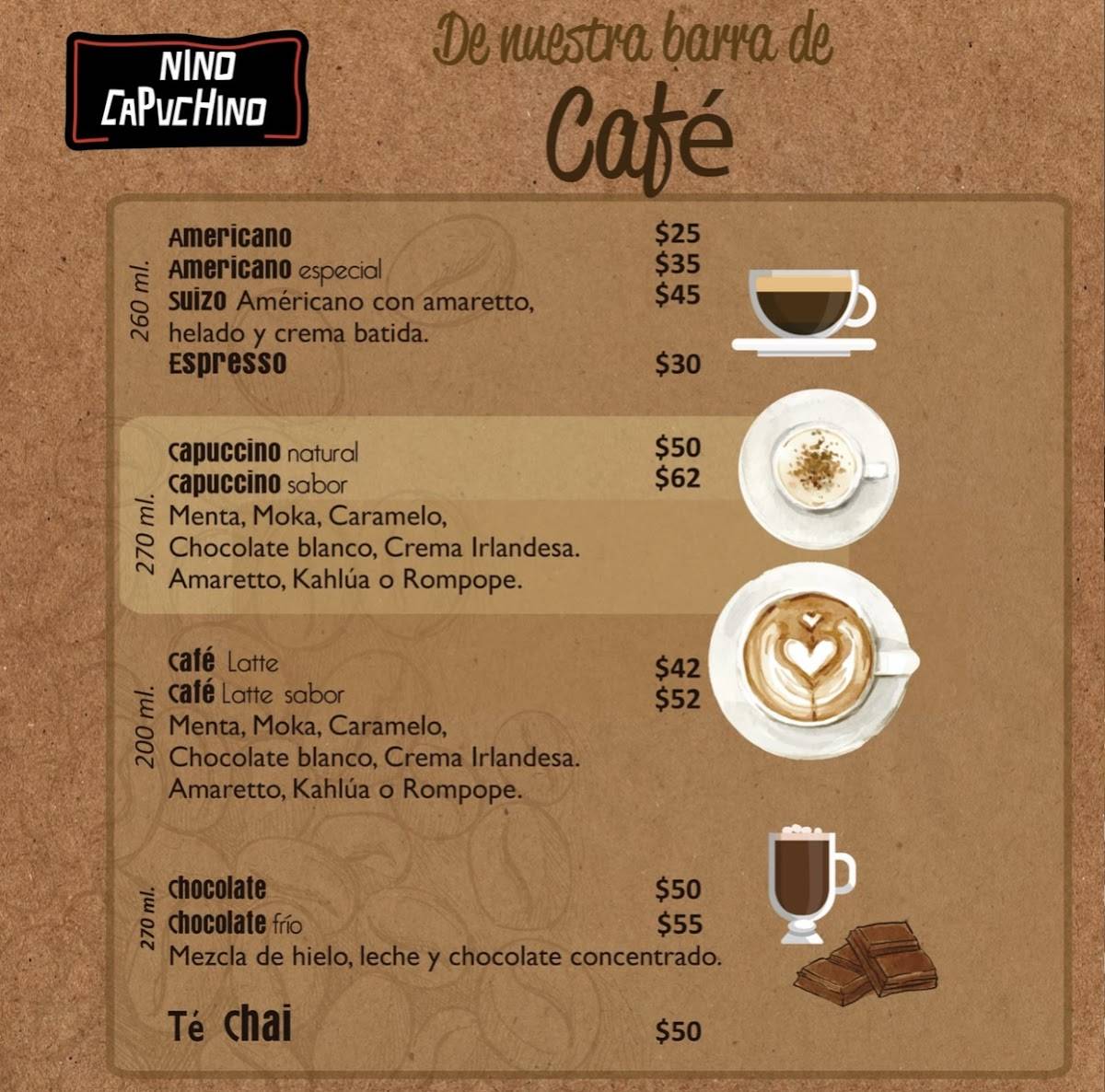 Carta de cafetería Nino Capuchino, Ciudad de México