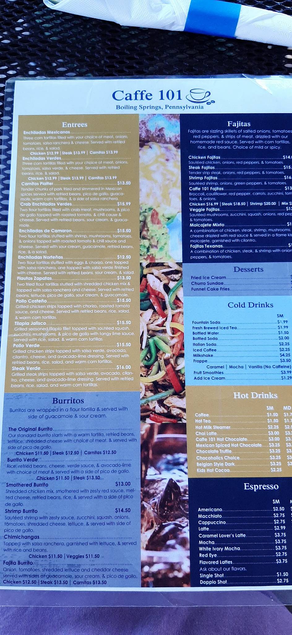 Menu at Caffe 101 cafe, Boiling Springs, 101 Front St