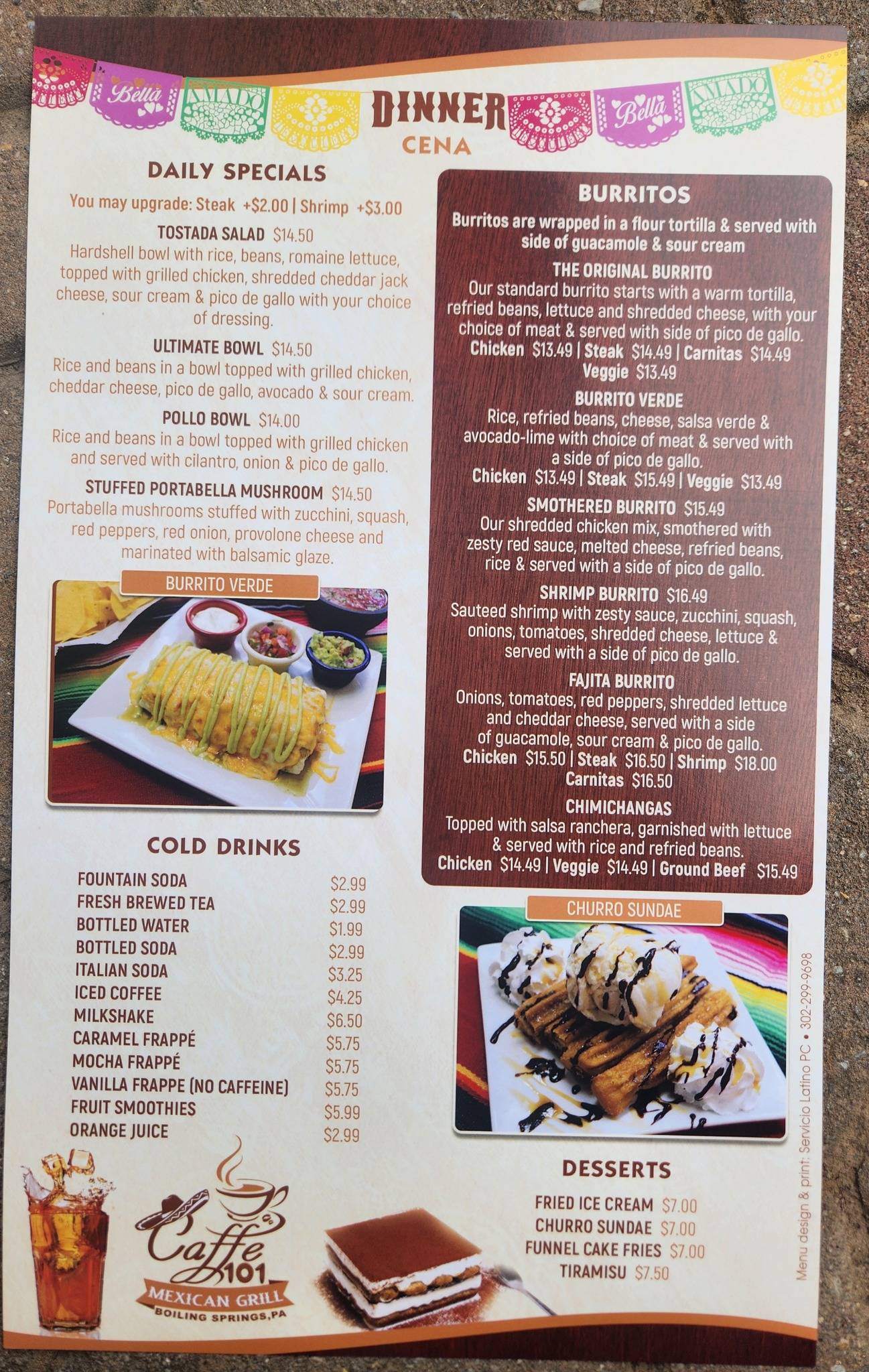 Menu at Caffe 101 cafe, Boiling Springs, 101 Front St