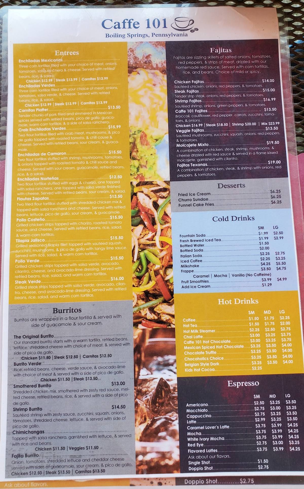 Menu at Caffe 101 cafe, Boiling Springs, 101 Front St
