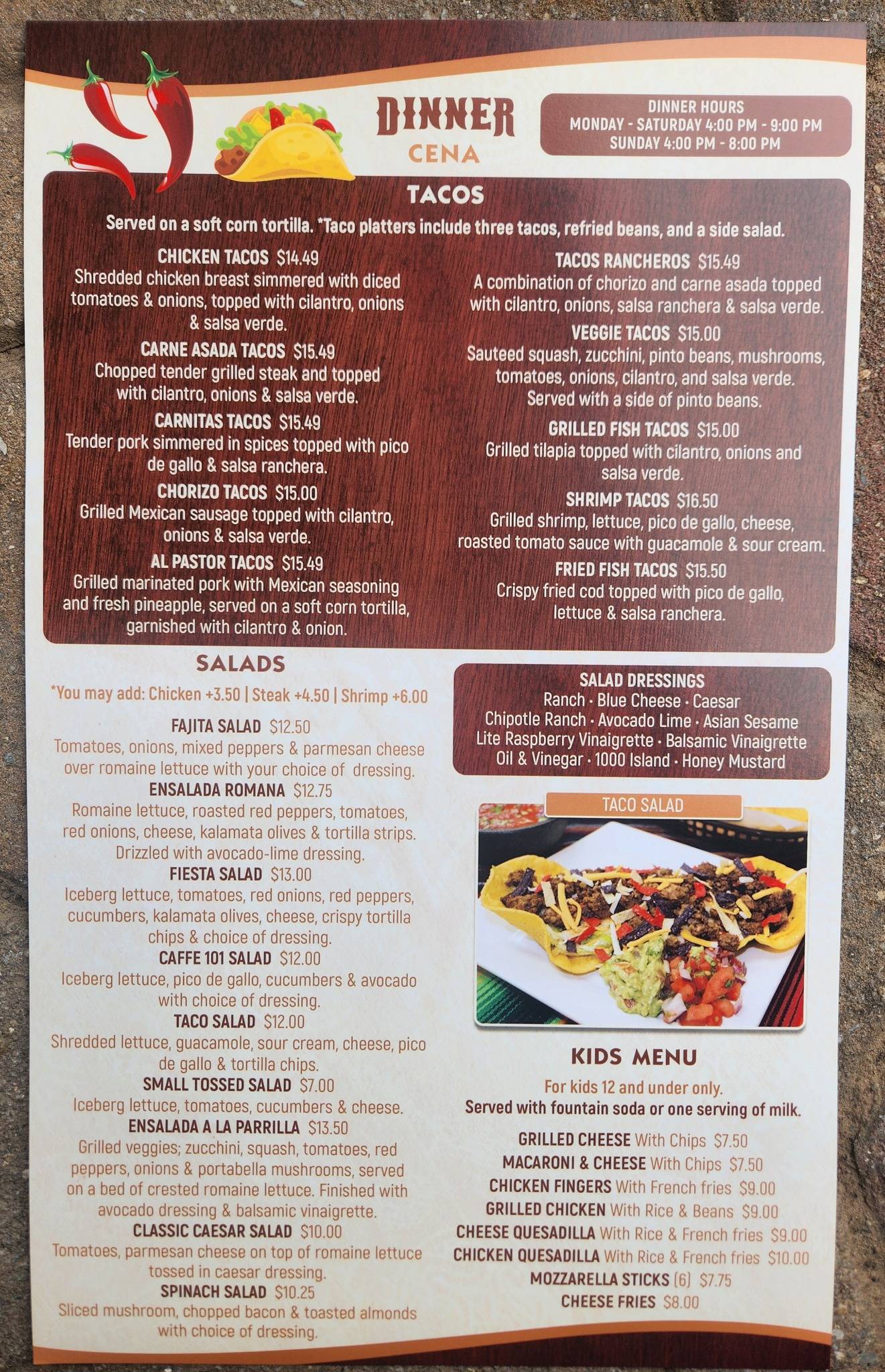Menu at Caffe 101 cafe, Boiling Springs, 101 Front St