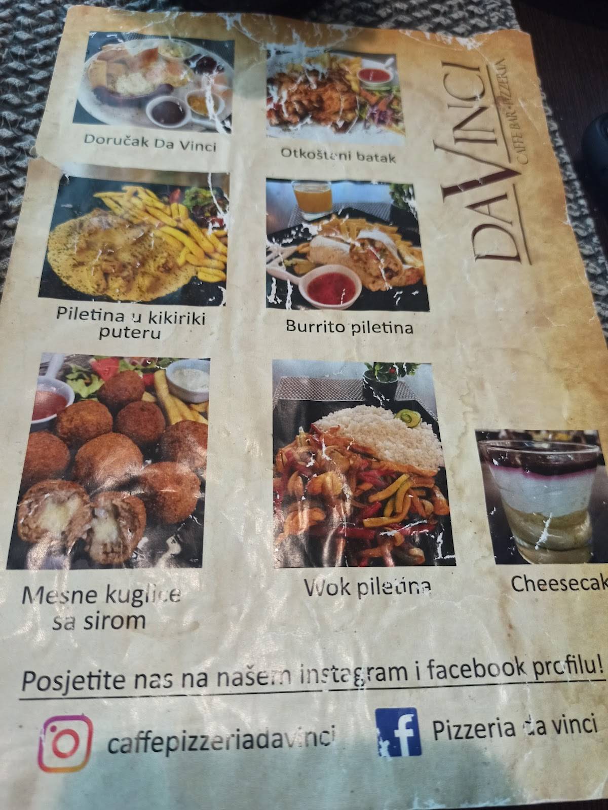 Menu at Da Vinci restaurant, Sarajevo