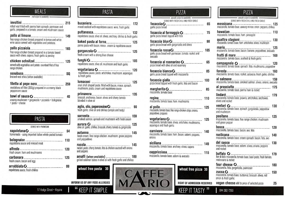 Menu at Caffe Mario Knysna restaurant, Knysna