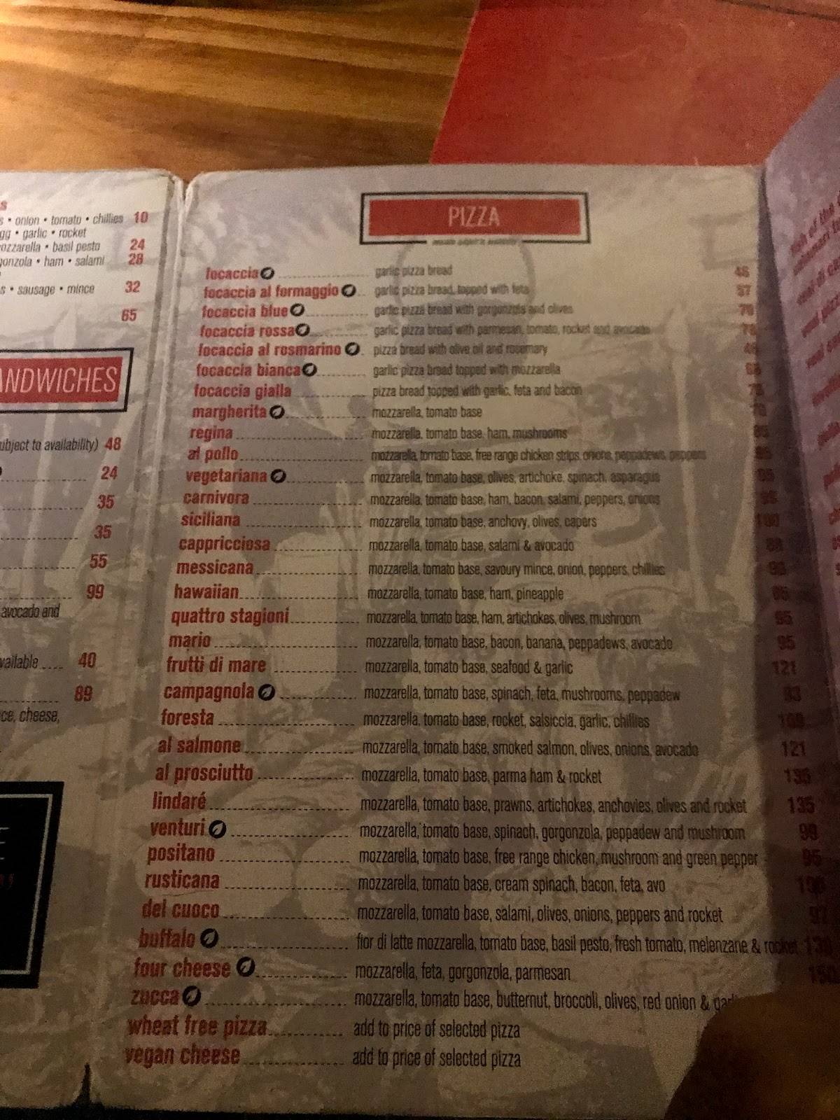 Menu at Caffe Mario Knysna restaurant, Knysna