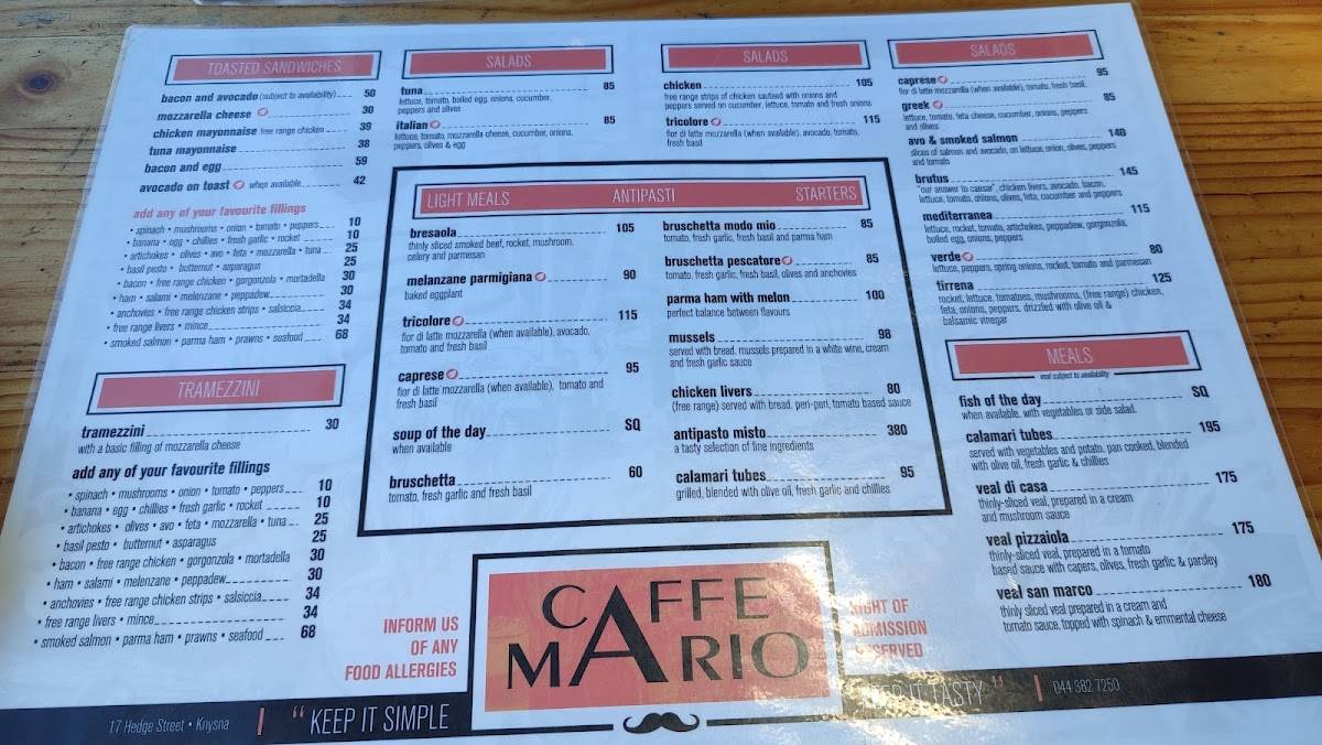 Menu at Caffe Mario Knysna restaurant, Knysna