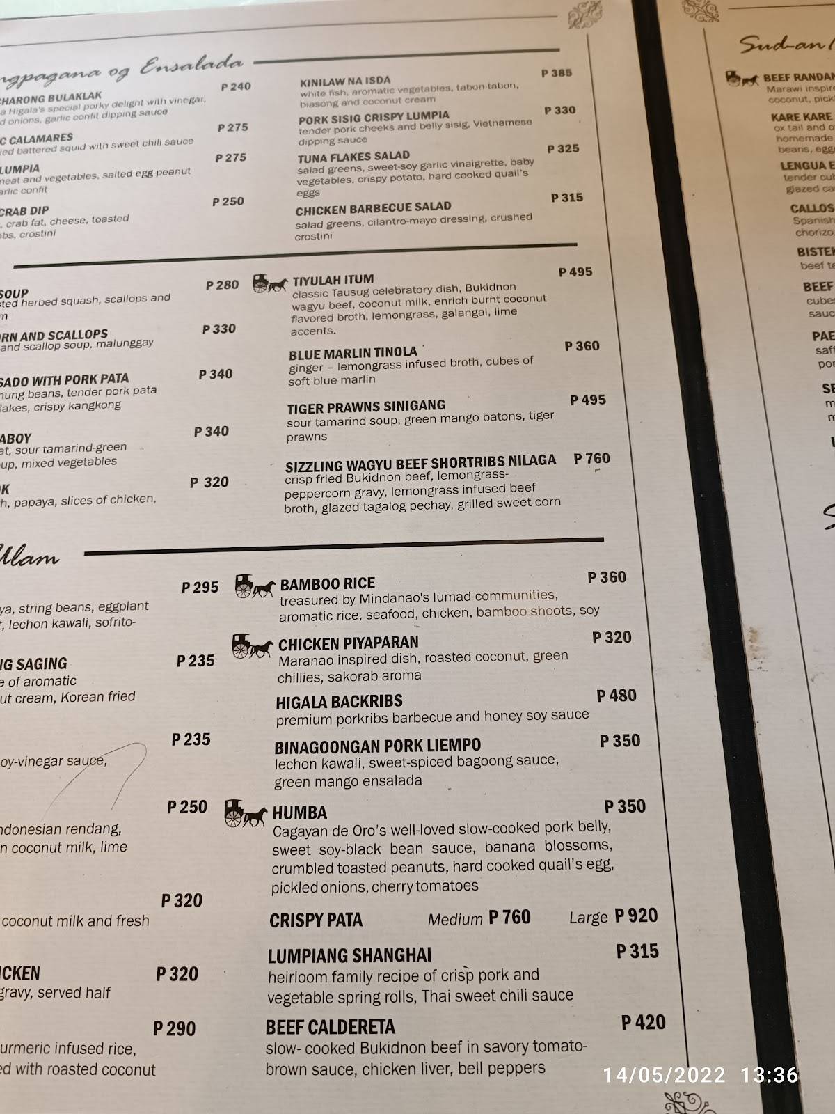 Menu at Cucina Higala restaurant, Cagayan de Oro