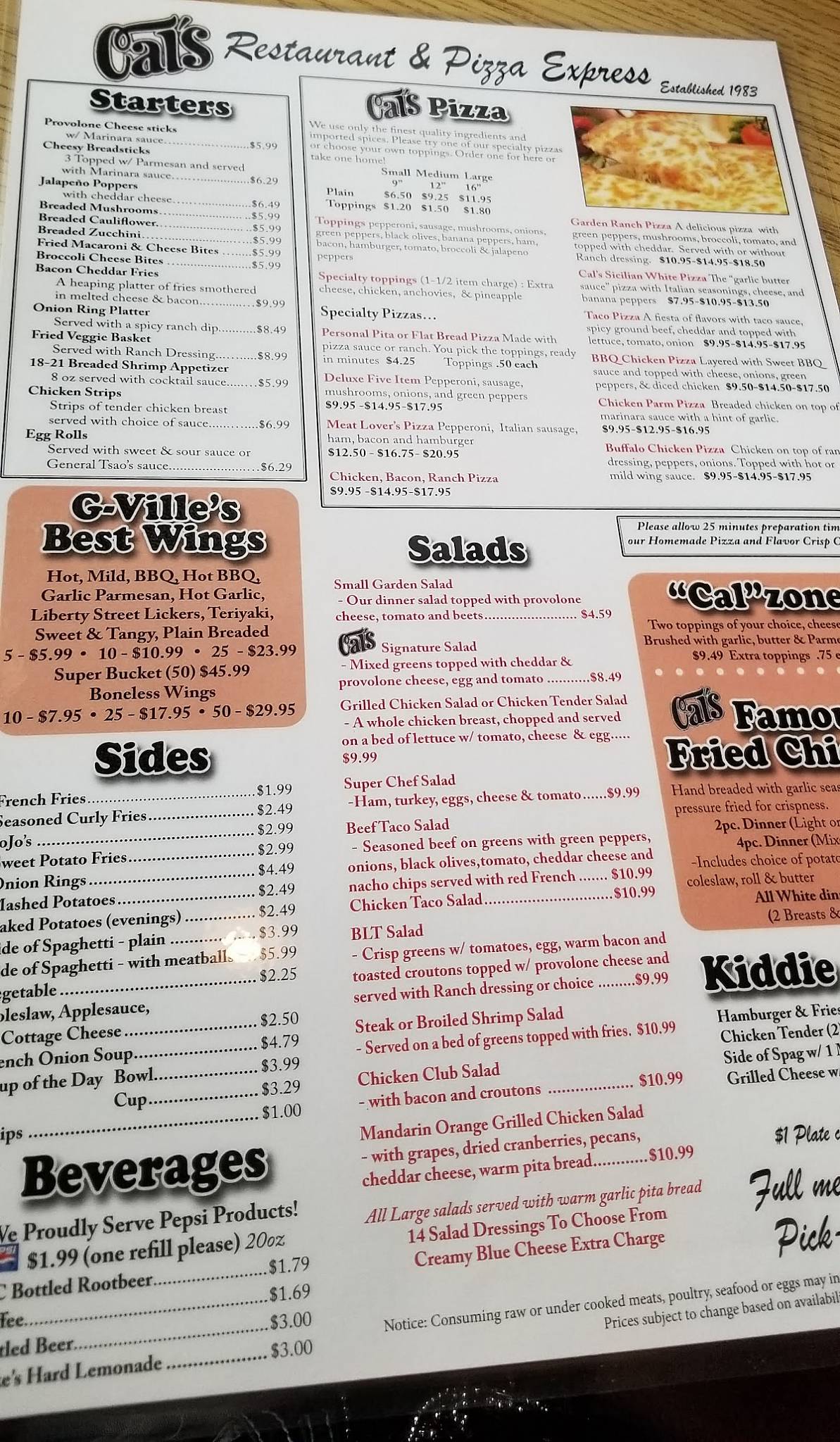 Menu at Cal's Restaurant & Pizza Express, Garrettsville