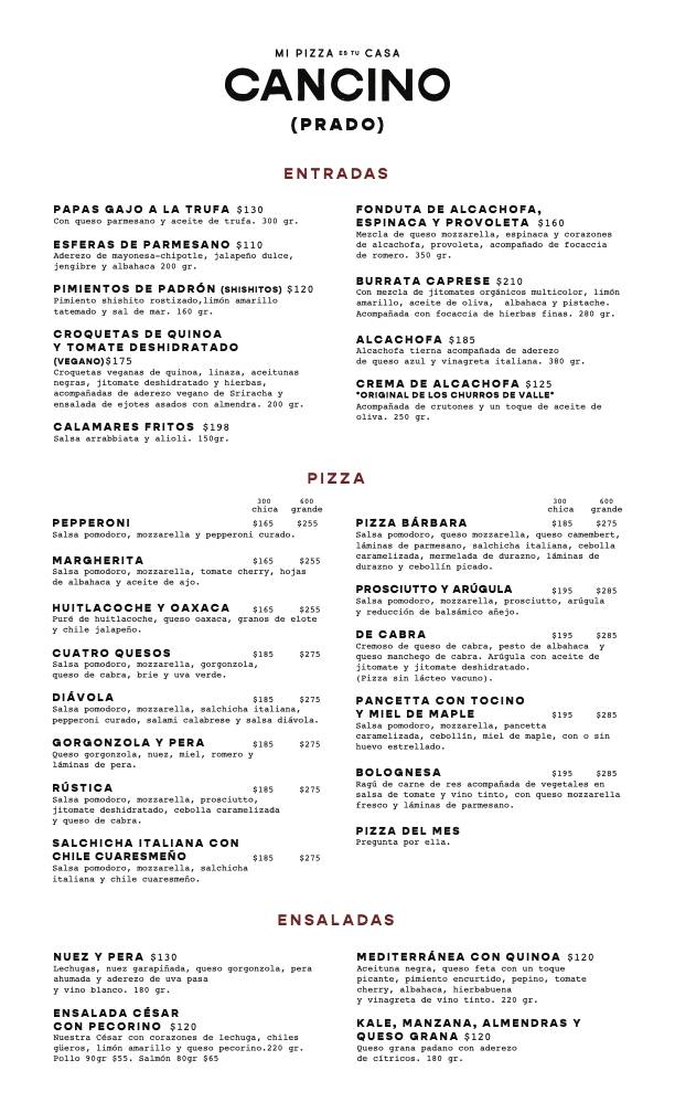 Carta del restaurante Cancino, Ciudad del México