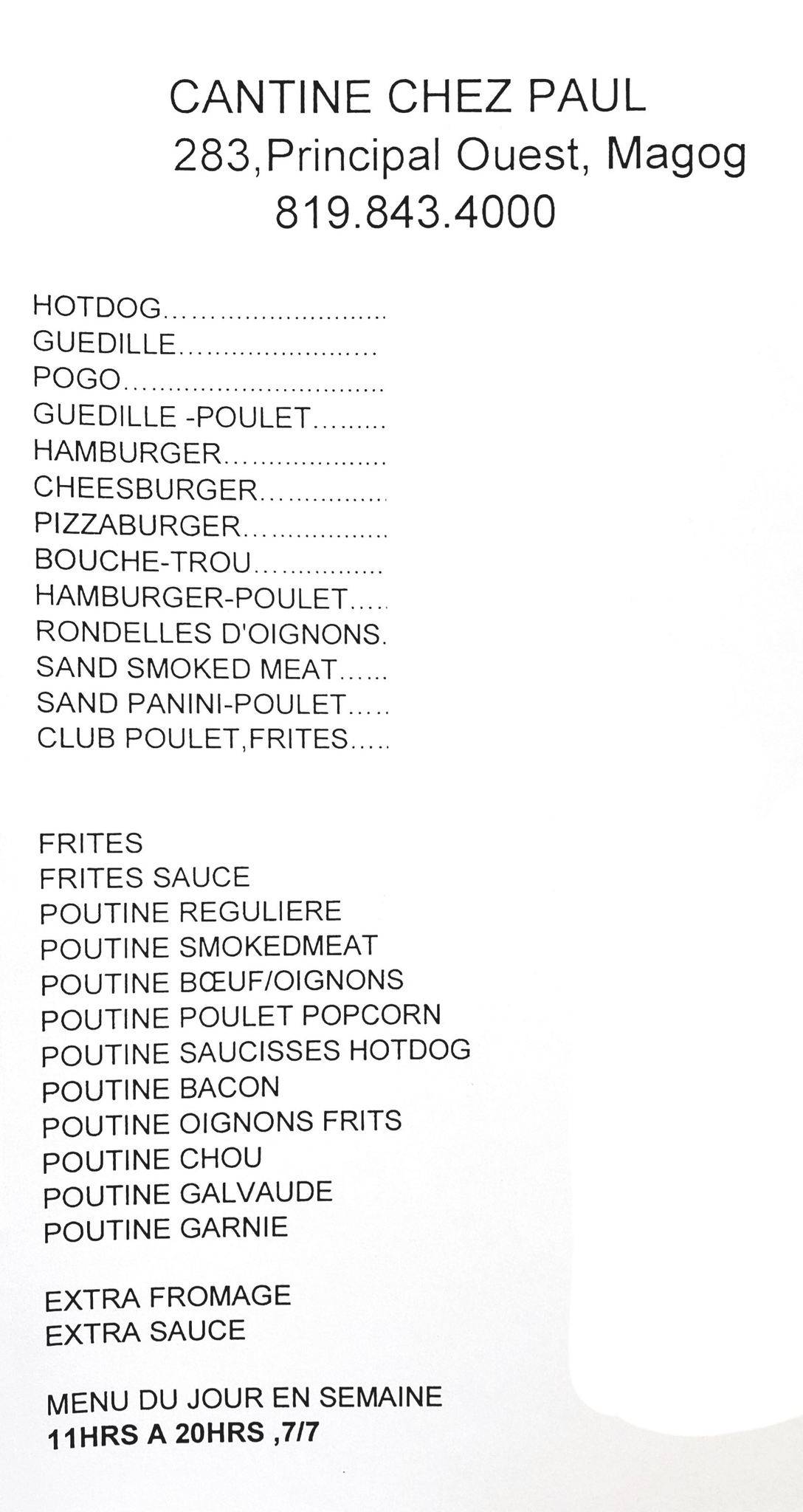 Menu at Cantine Chez Paul restaurant, Magog
