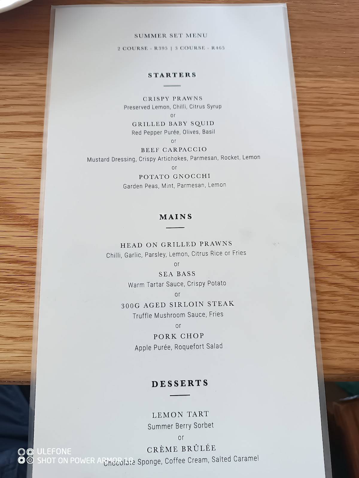 Menu at Bobo's restaurant, Cape Town
