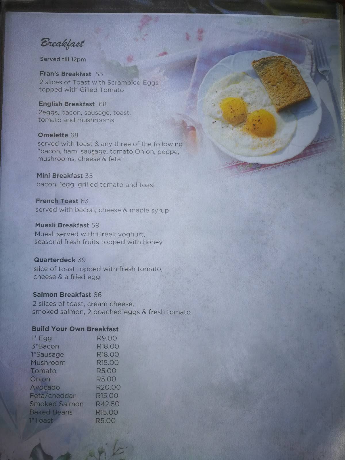 Menu at Fran's Place restaurant, Cape Town, 111 Jubilee St
