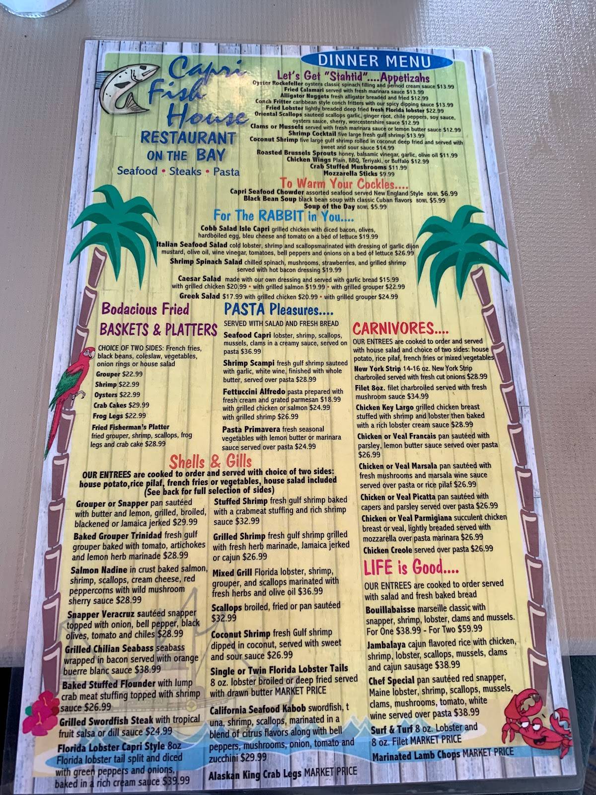 Menu at Capri Fish House restaurant, Marco Island, 203 Capri Blvd