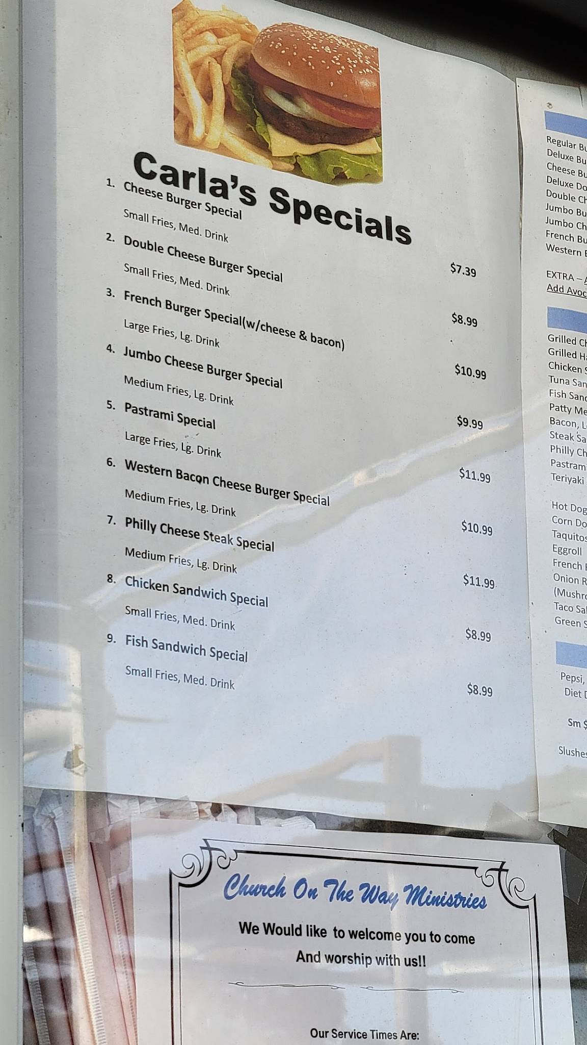 Menu at Carla's Drive In restaurant, Bakersfield, N Chester Ave